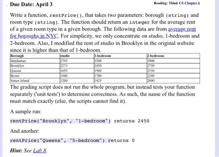 Solved Due Date: April 3 Reading: Think CS Chapter 6 Write a | Chegg.com
