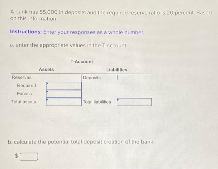 Solved A bank has $5,000 in deposits and the required | Chegg.com