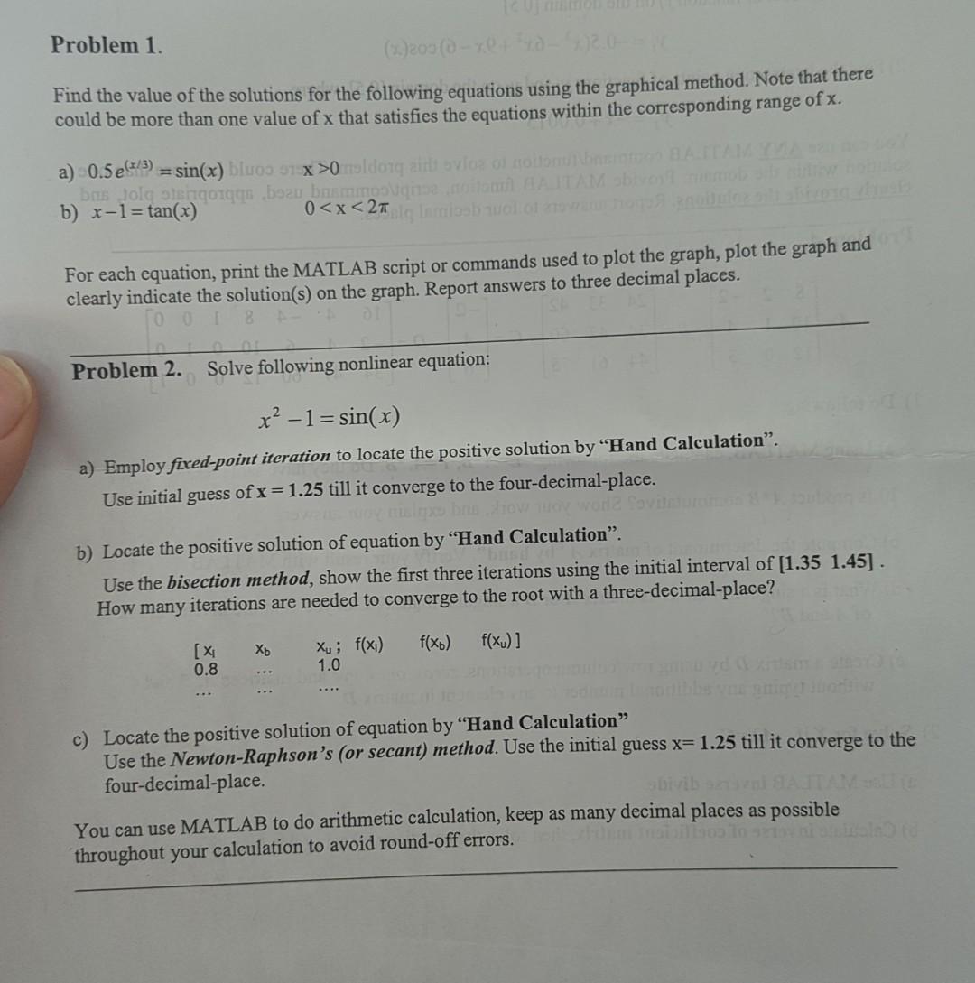 Solved Problem 1. Find the value of the solutions for the | Chegg.com