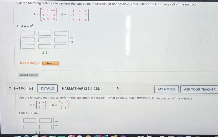 Solved Use the following matrices to perform the operation, | Chegg.com