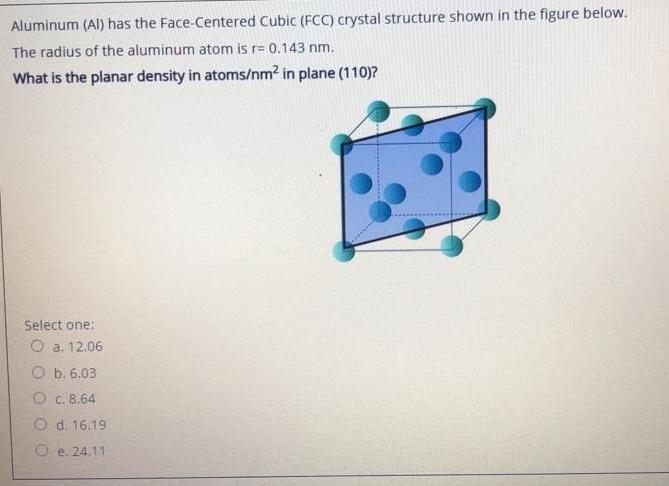 Solved Aluminum (Al) has the Face-Centered Cubic (FCC) | Chegg.com