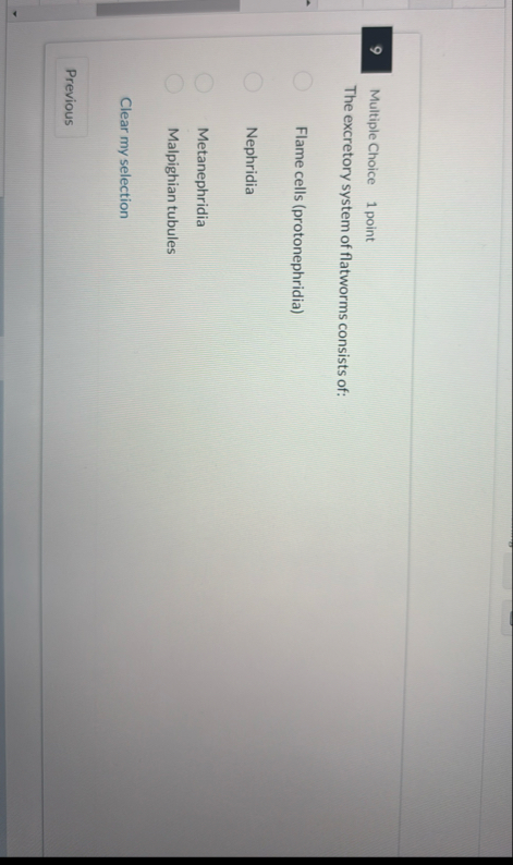 Solved 9Multiple Choice 1 ﻿pointThe excretory system of | Chegg.com