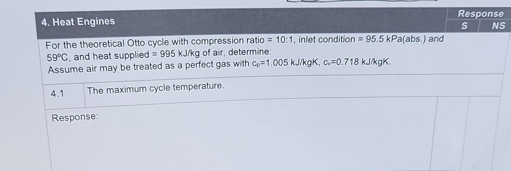 Solved For the theoretical Otto cycle with compression ratio | Chegg.com