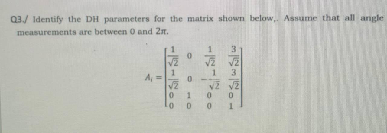 Solved Q3./ Identify the DH parameters for the matrix shown | Chegg.com