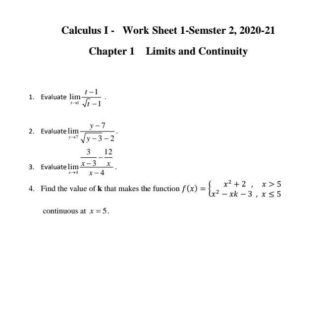 Solved Calculus I - Work Sheet 1-Semster 2, 2020-21 Chapter | Chegg.com