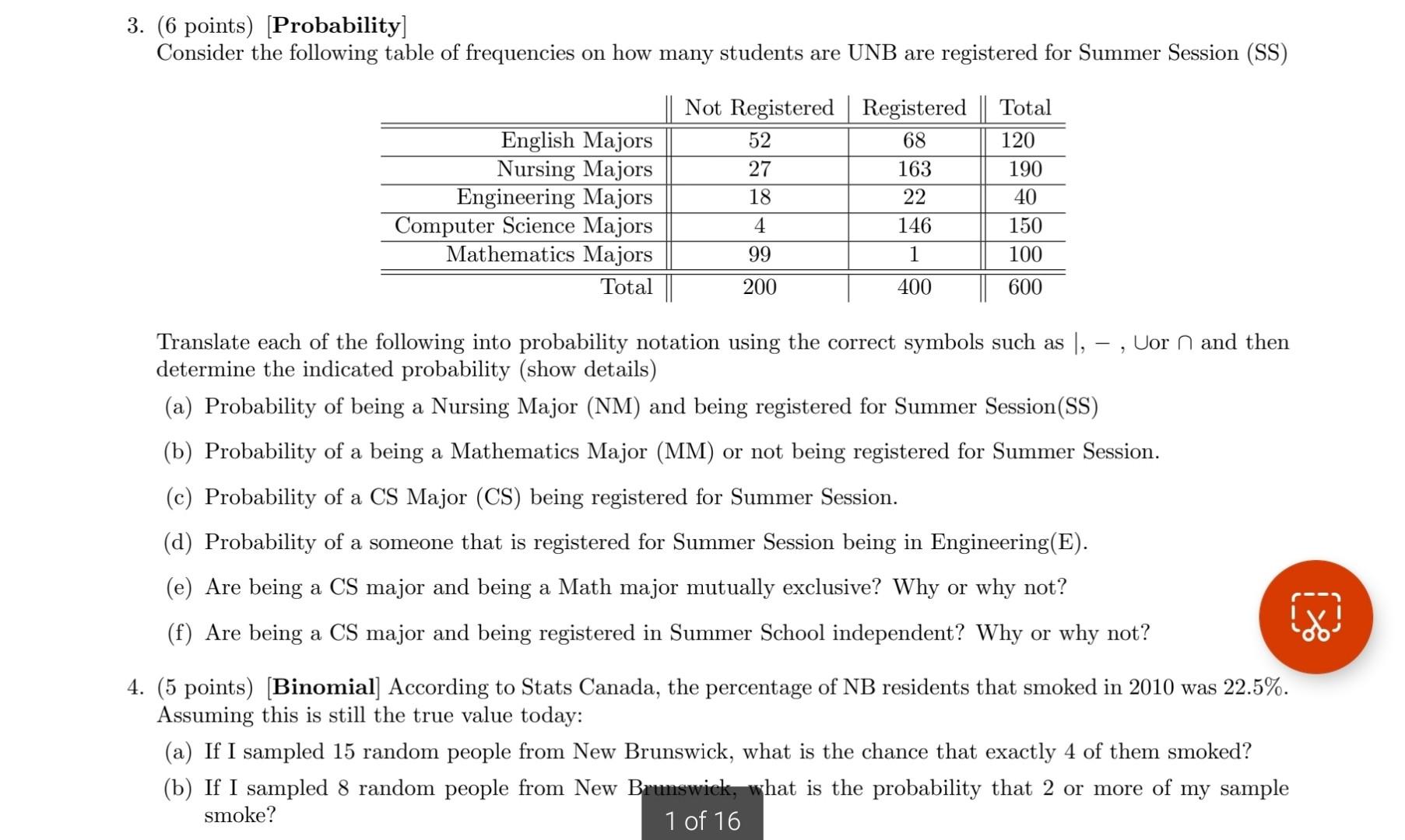 Solved 3. (6 points) [Probability] Consider the following | Chegg.com