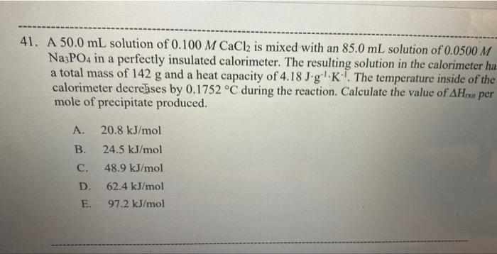 Solved 41. A 50.0 mL solution of 0.100 M CaCl2 is mixed with | Chegg.com