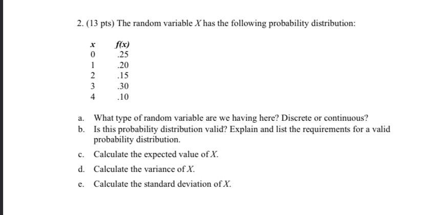 Solved (13 ﻿pts) ﻿The random variable x ﻿has the following | Chegg.com