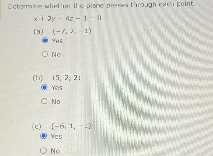 Solved Determine whether the plane passes through each | Chegg.com