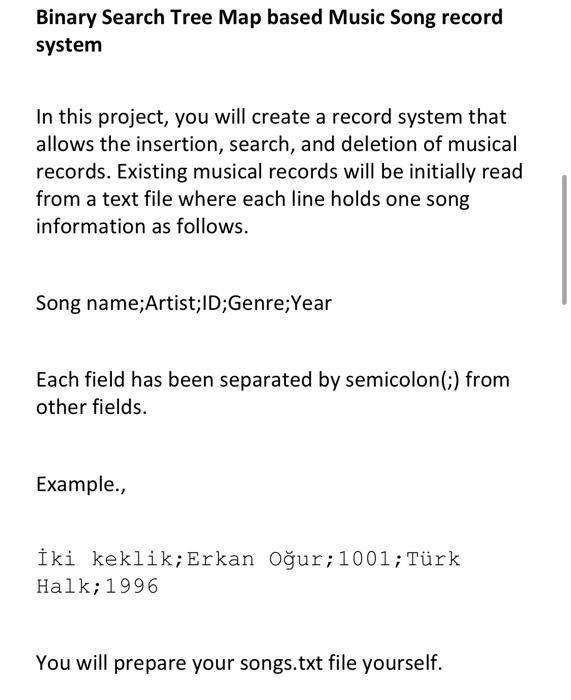 Solved Binary Search Tree Map based Music Song record system | Chegg.com