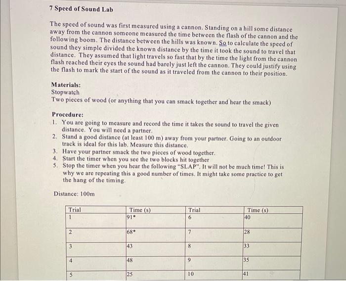 Solved 7 Speed of Sound Lab The speed of sound was first | Chegg.com