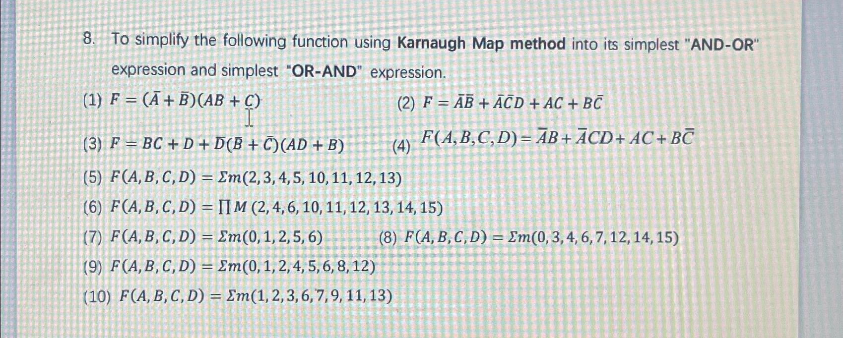 To simplify the following function using Karnaugh Map | Chegg.com