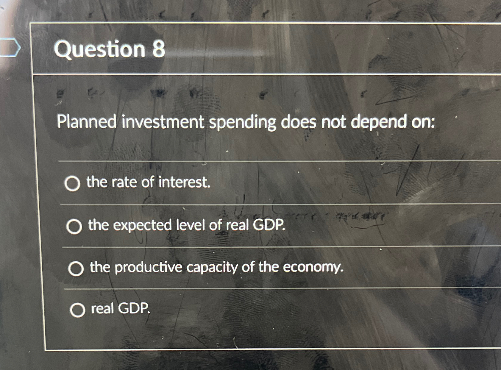 Solved Question 8Planned investment spending does not depend | Chegg.com