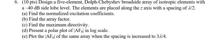 6. (10 pts) Design a five-element, Dolph-Chebyshev | Chegg.com