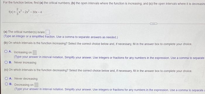 Solved For the function below, find (a) the critical | Chegg.com