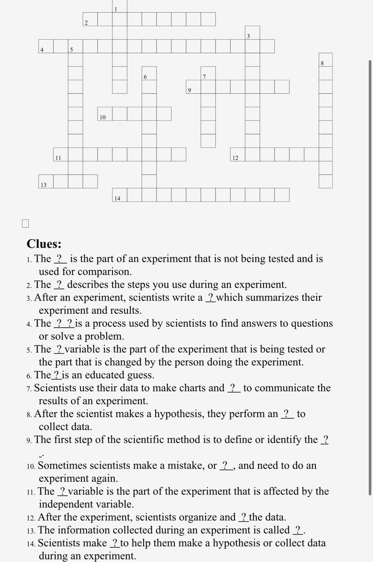 Solved Clues:The ? ﻿is the part of an experiment that is not | Chegg.com