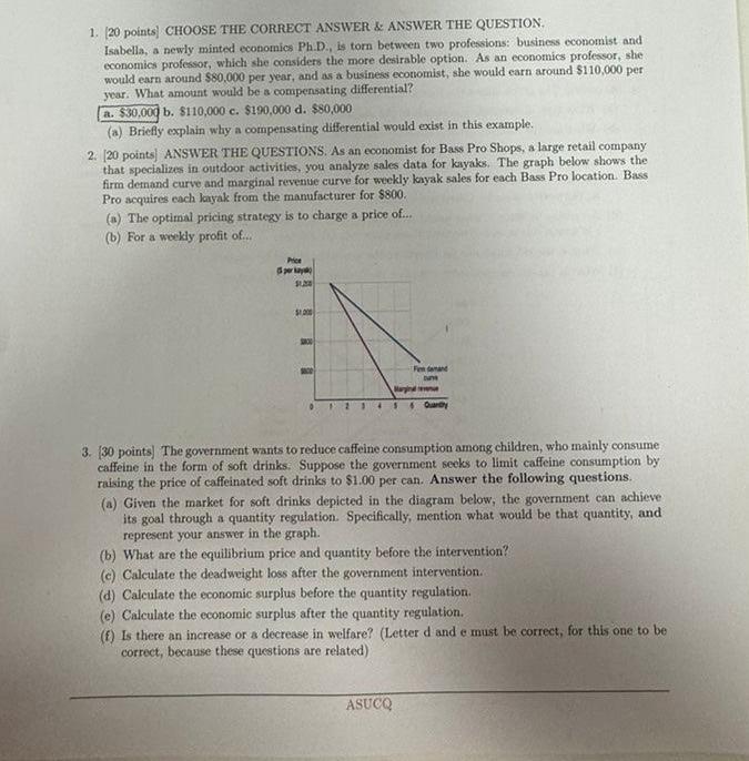 Solved 1. (20 points) CHOOSE THE CORRECT ANSWER \& ANSWER | Chegg.com