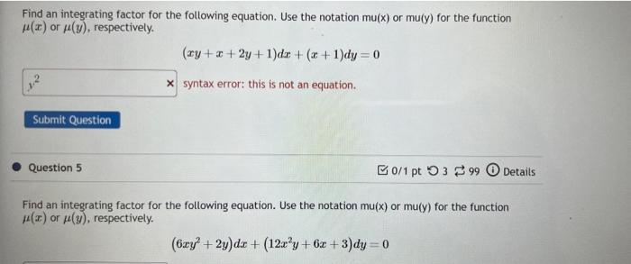 Solved Find an integrating factor for the following | Chegg.com