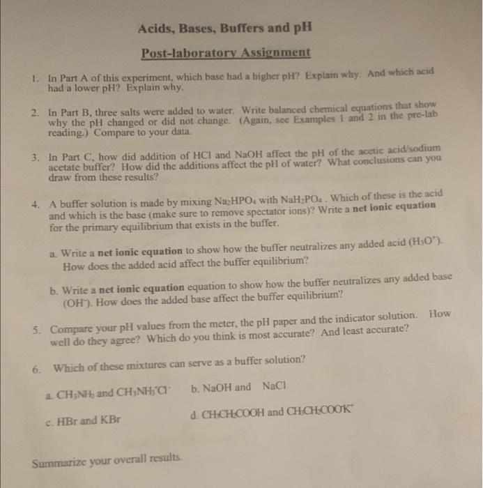 Acids, Bases, Buffers and pH Post-laboratory | Chegg.com