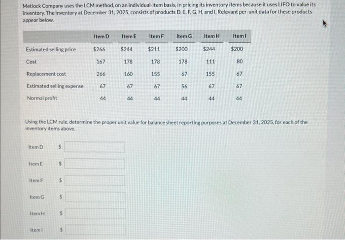 Solved Metlock Company uses the LCM method, on an | Chegg.com