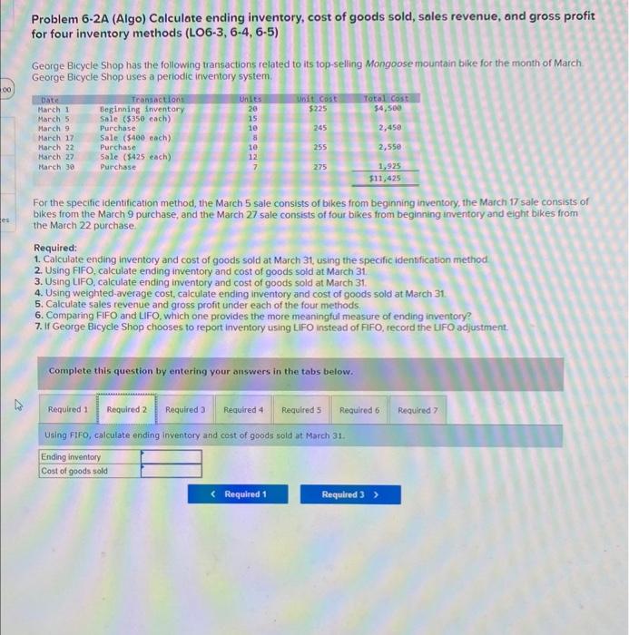 Solved Problem 6-2A (Algo) Calculate ending inventory, cost | Chegg.com