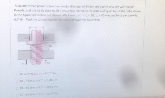 Solved A square thread power screw has a major diameter of | Chegg.com