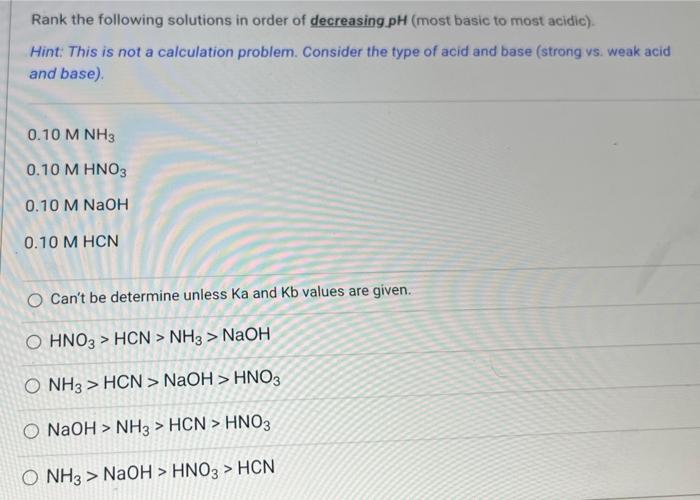 Solved Rank the following solutions in order of | Chegg.com