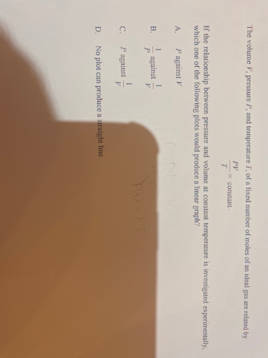 Solved The volume V, pressure P, and temperature 7, of a | Chegg.com