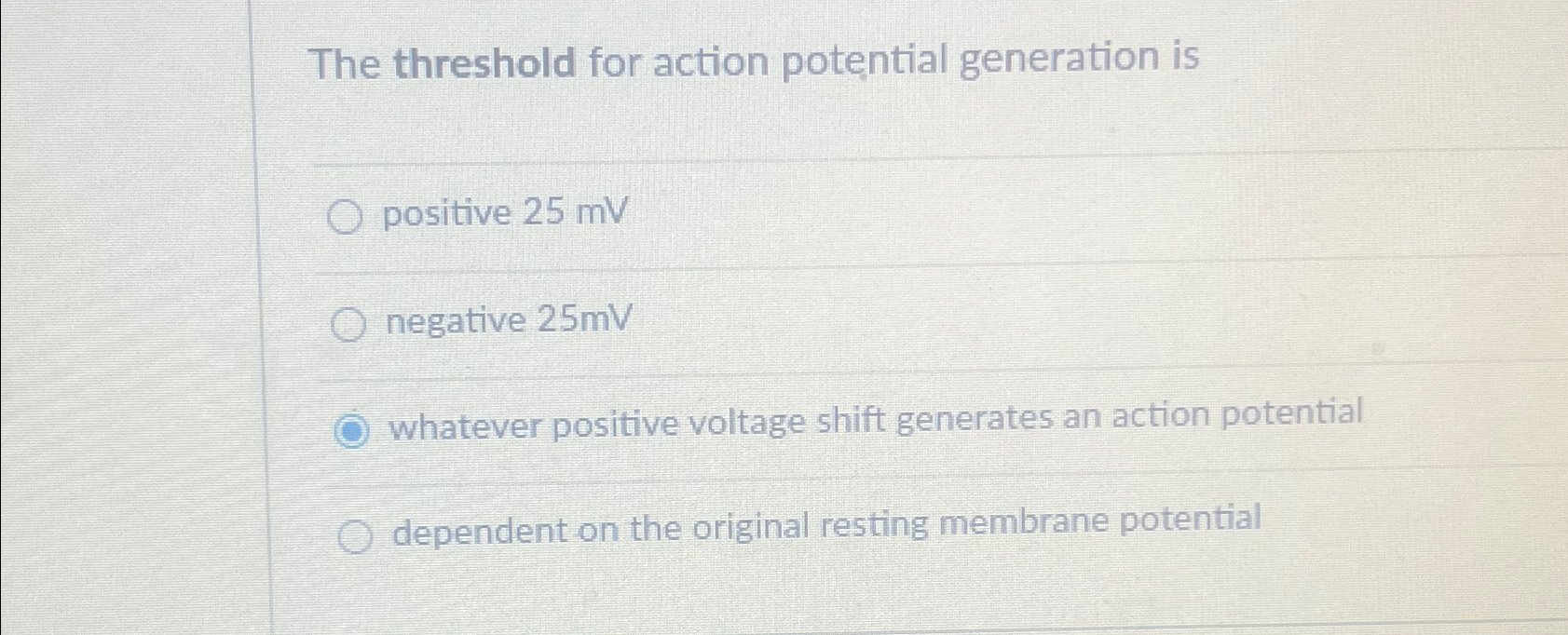 Solved The threshold for action potential generation | Chegg.com