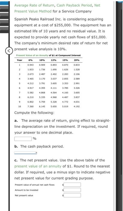 Solved Average Rate of Return, Cash Payback Period, Net | Chegg.com