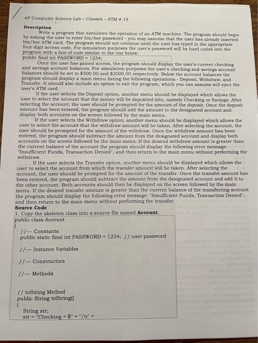 Solved AP Computer Science Lab-Classes - ATM =19 Description | Chegg.com