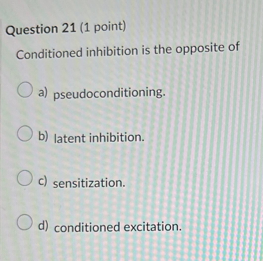 Solved Question 21 (1 ﻿point)Conditioned inhibition is the | Chegg.com