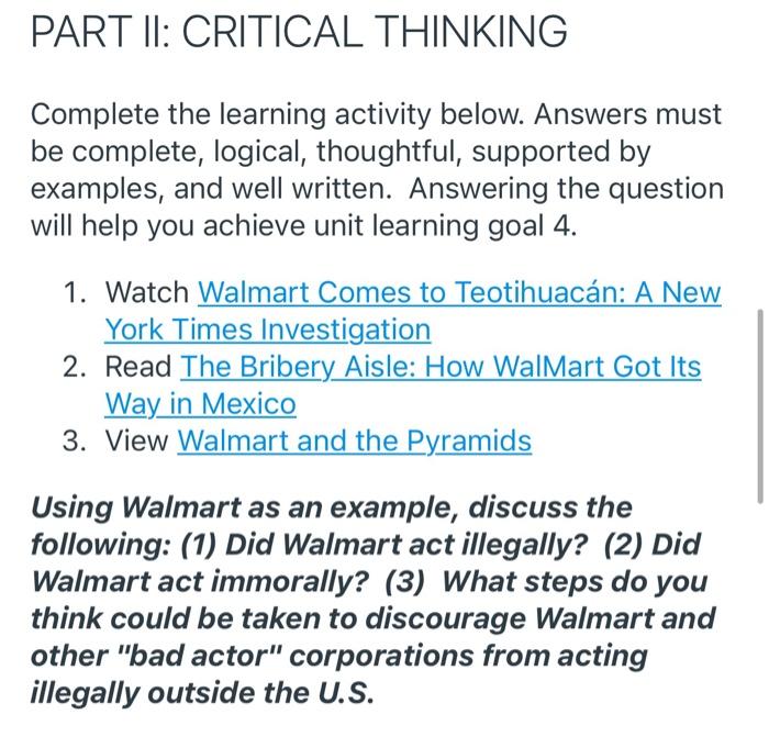 Solved PART II: CRITICAL THINKING Complete the learning | Chegg.com