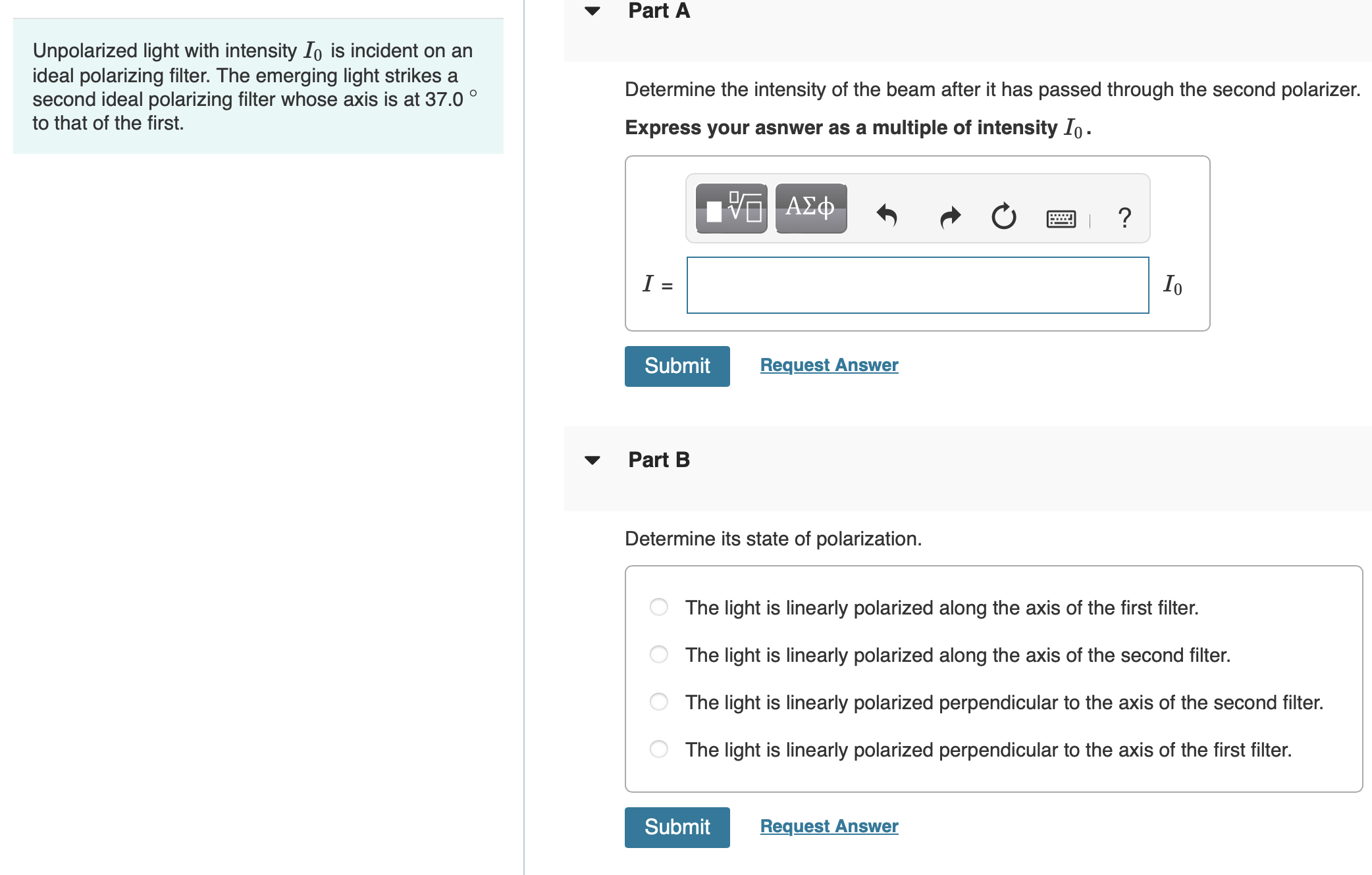 Solved Unpolarized light with intensity I0 ﻿is incident on | Chegg.com