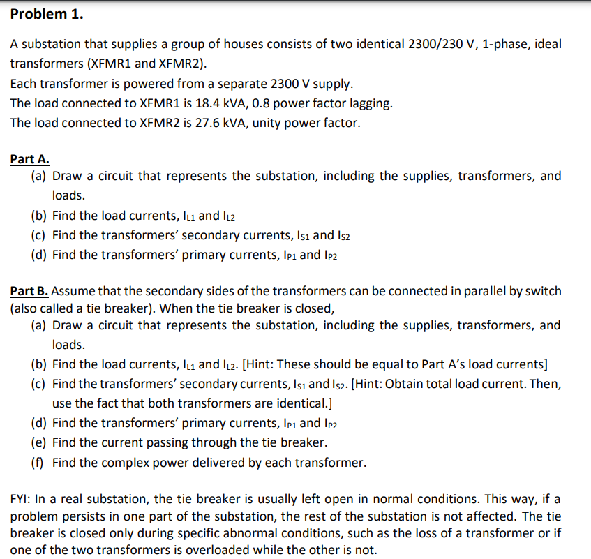 Solved Problem 1.A substation that supplies a group of | Chegg.com