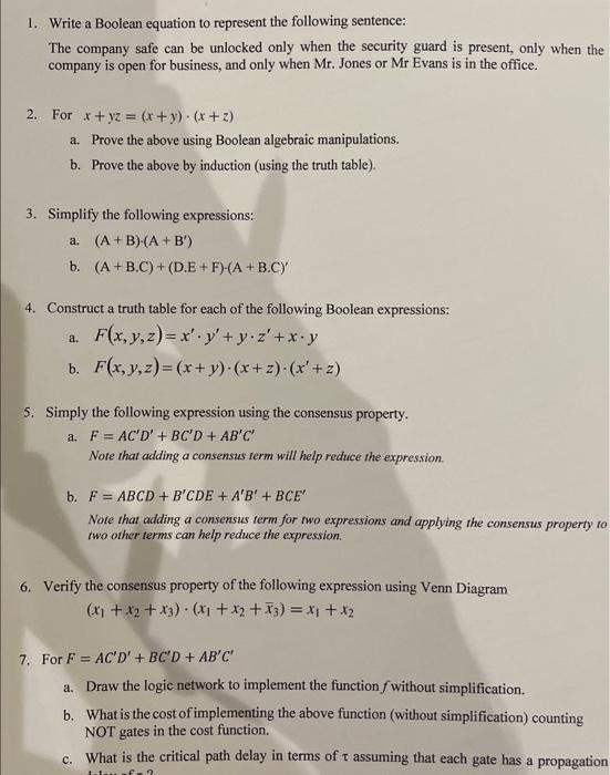 Solved 1. Write a Boolean equation to represent the | Chegg.com