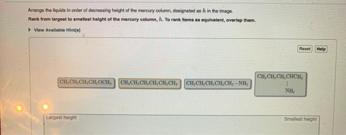 Solved Arrange the liquids in order of decreasing height of | Chegg.com