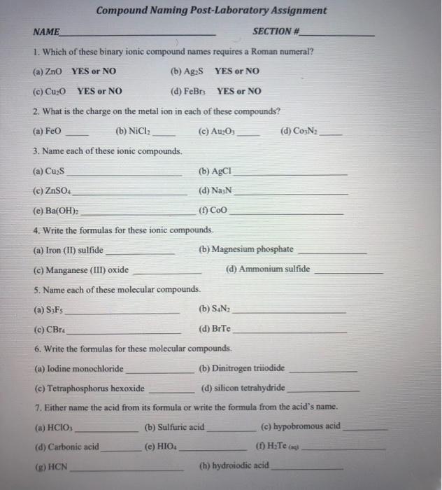 Solved Compound Naming Post-Laboratory Assignment NAME | Chegg.com