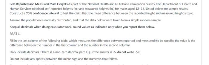 Solved Self-Reported and Measured Male Heights As part of | Chegg.com