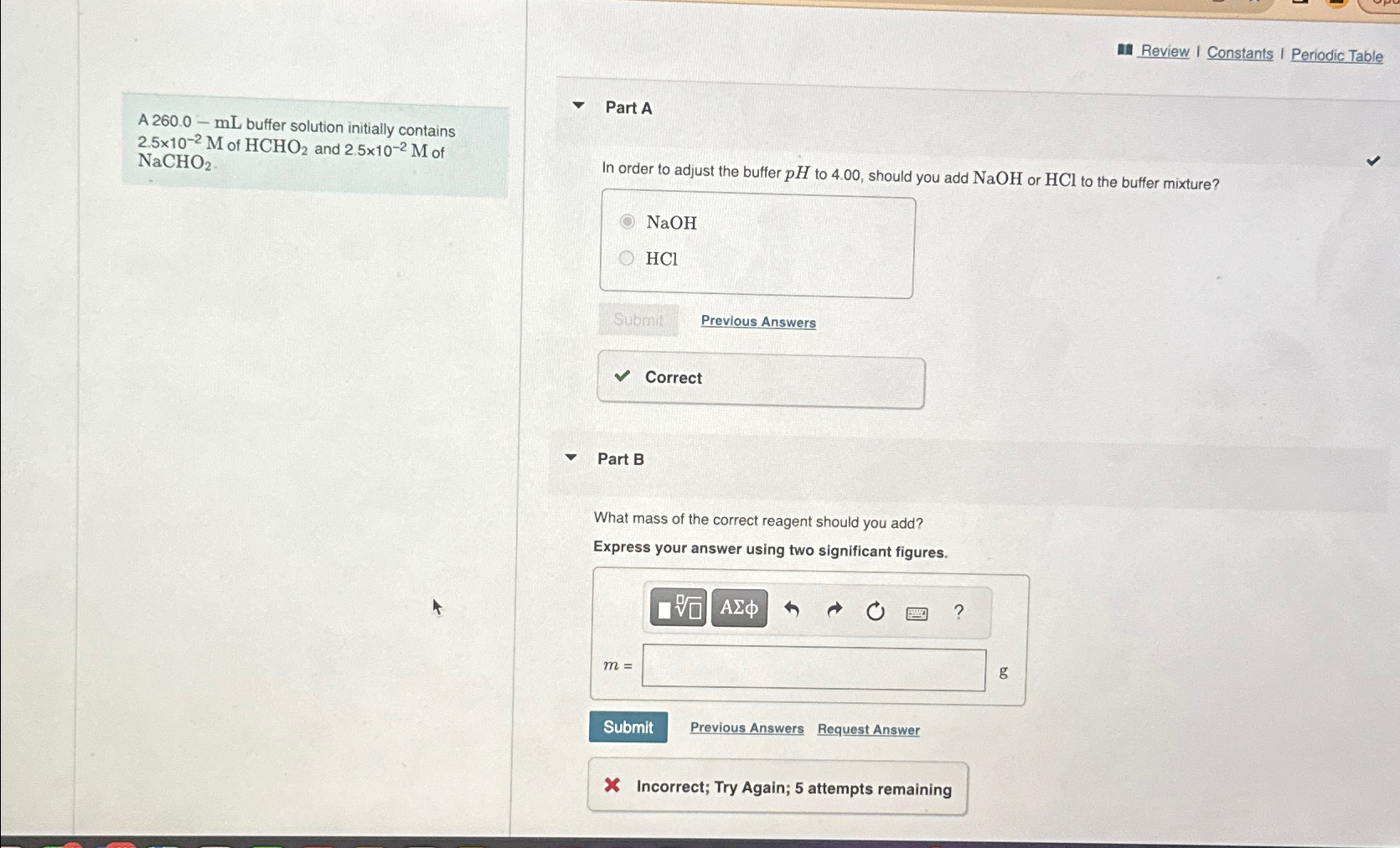 Solved Review I Constants I Periodic TableA 260.0 - mL | Chegg.com