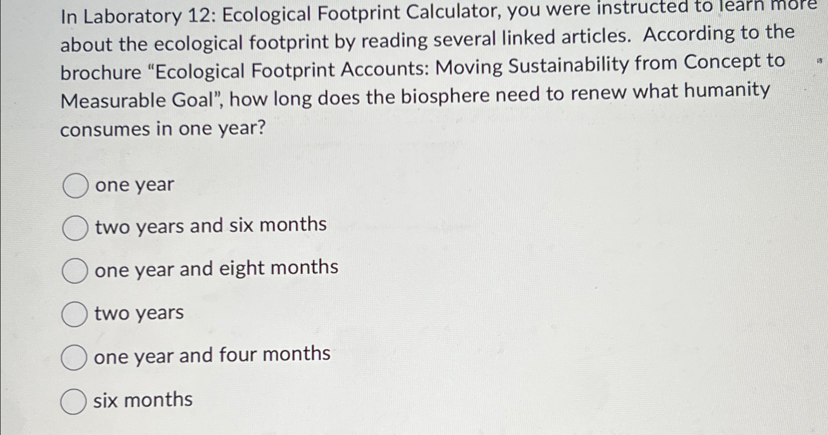 Solved In Laboratory 12: Ecological Footprint Calculator, | Chegg.com