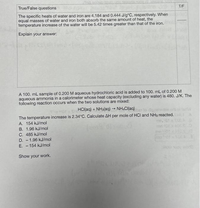Solved True/False questions The specific heats of water and | Chegg.com