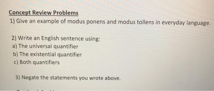 Solved Concept Review Problems 1) Give an example of modus | Chegg.com