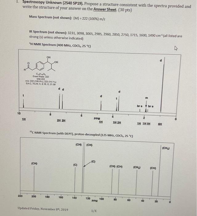Solved 1. Spectroscopy Unknown (2540 SP19). Propose a | Chegg.com