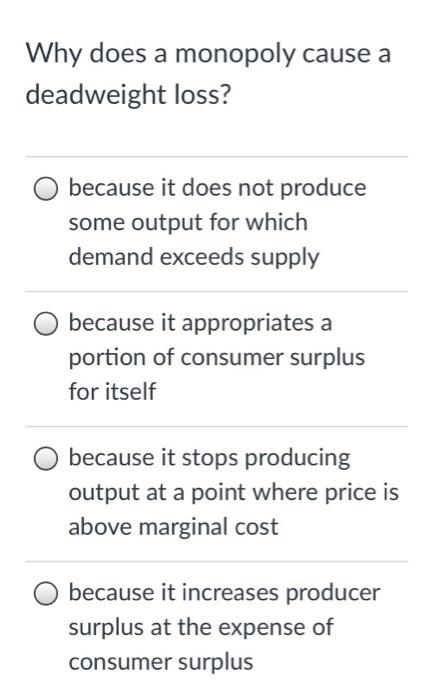 Solved Why does a monopoly cause a deadweight loss? because | Chegg.com
