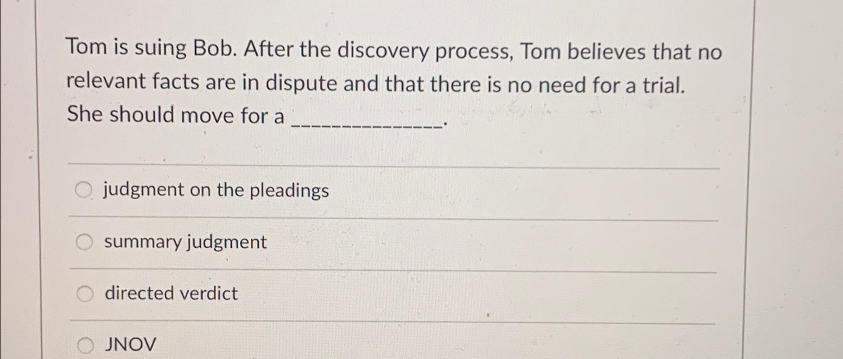 Solved Tom is suing Bob. After the discovery process, Tom | Chegg.com