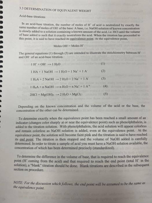 Solved 3.3 DETERMINATION OF EQUIVALENT WEIGHT Acid-base | Chegg.com