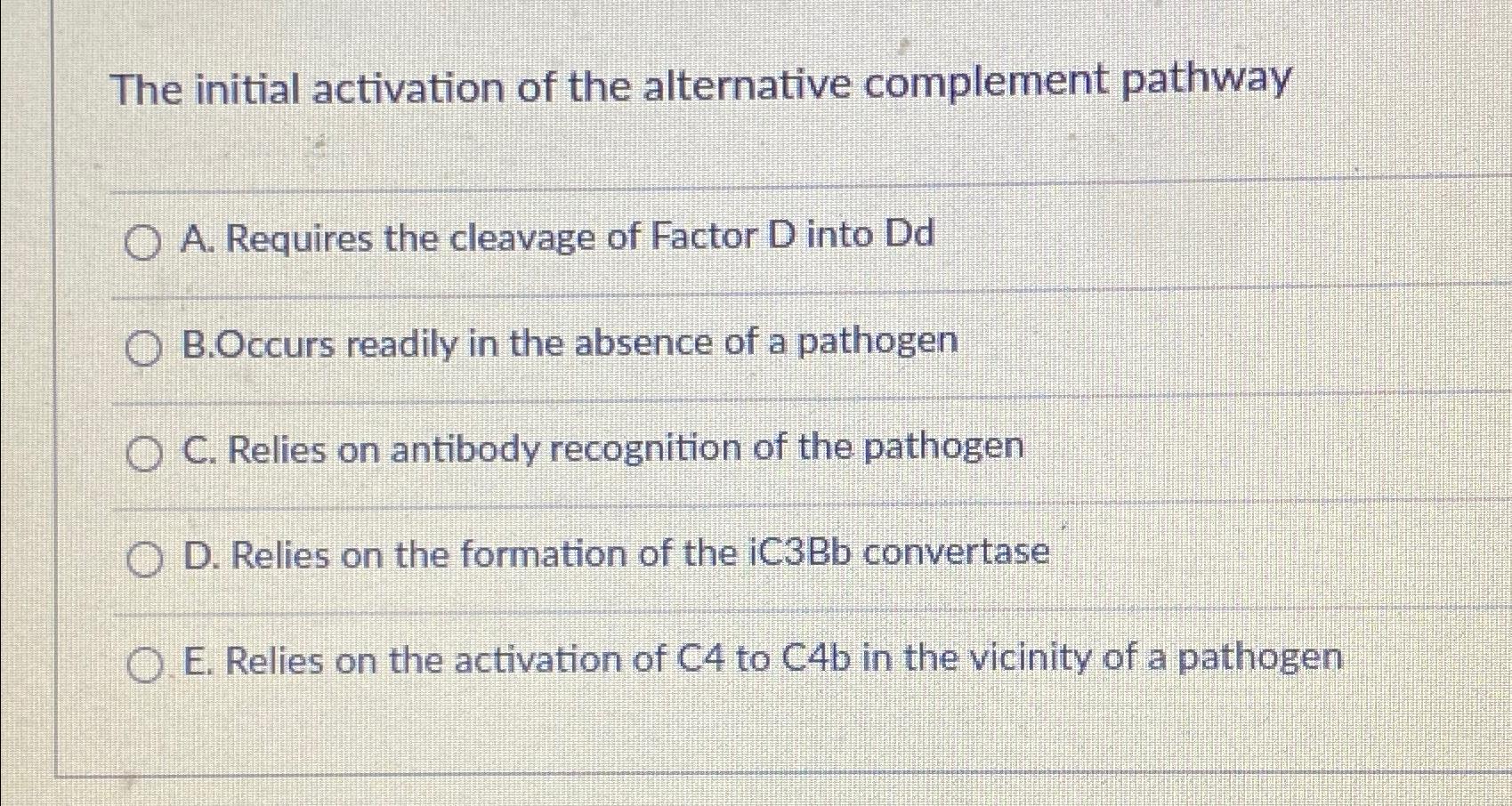 Solved The initial activation of the alternative complement | Chegg.com