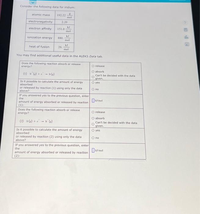 Solved Consider the following data for Irldium: You may find | Chegg.com Solved Consider the following data for Irldium: You may find | Chegg.com