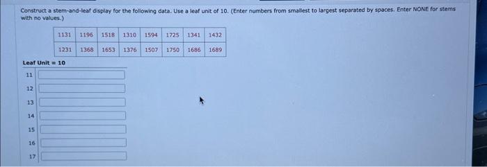 Solved Construct a stem-and-leaf display for the following | Chegg.com
